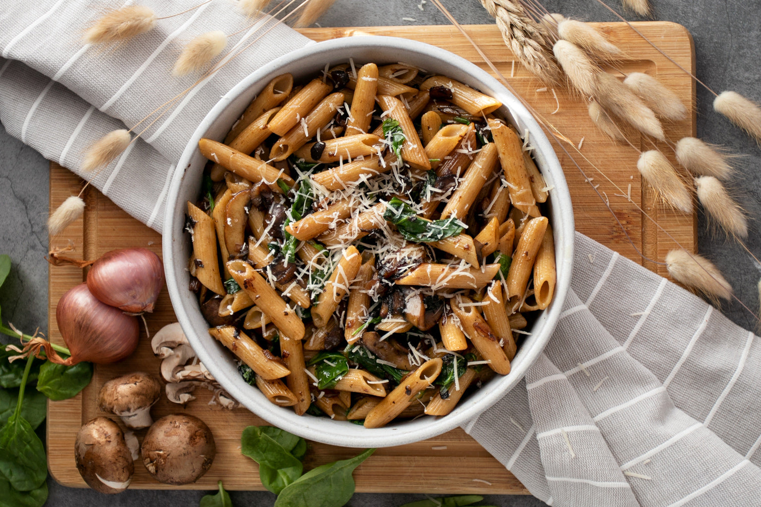 Whole Wheat Penne with White Wine Sauteed Mushrooms & Garlicky Spinach ...